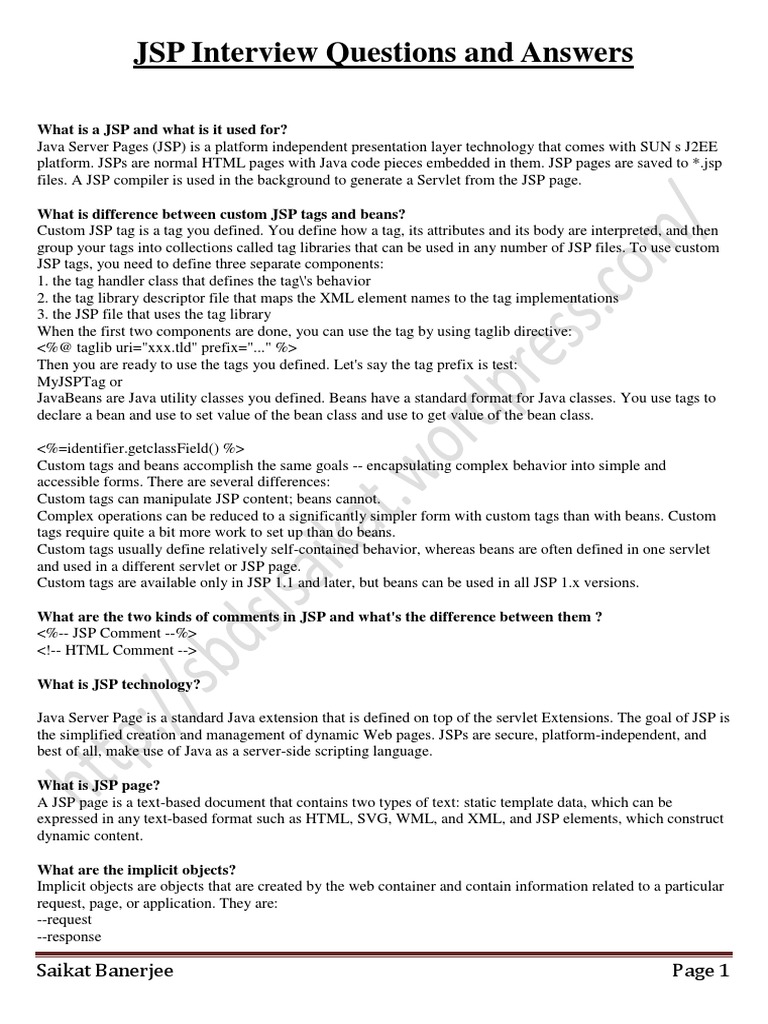 JSP Interview Questions and Answers | Download Free PDF | Java Server Pages | Java Servlet