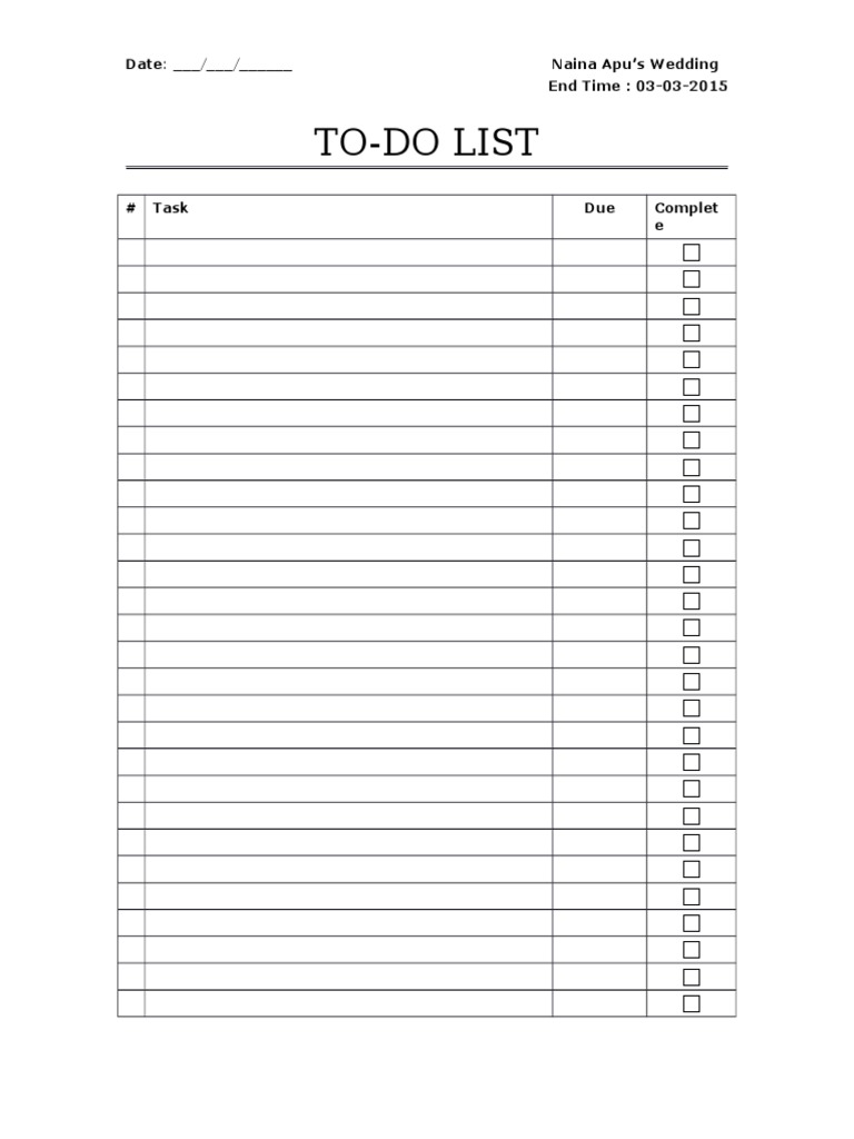 To-Do List: Date: - / - / - Naina Apu's Wedding End Time: 03-03-2015 | PDF