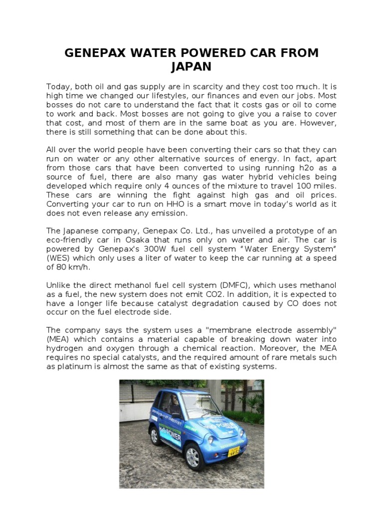 Genepax - Water Powered Car | PDF | Hydrogen | Hybrid Vehicle