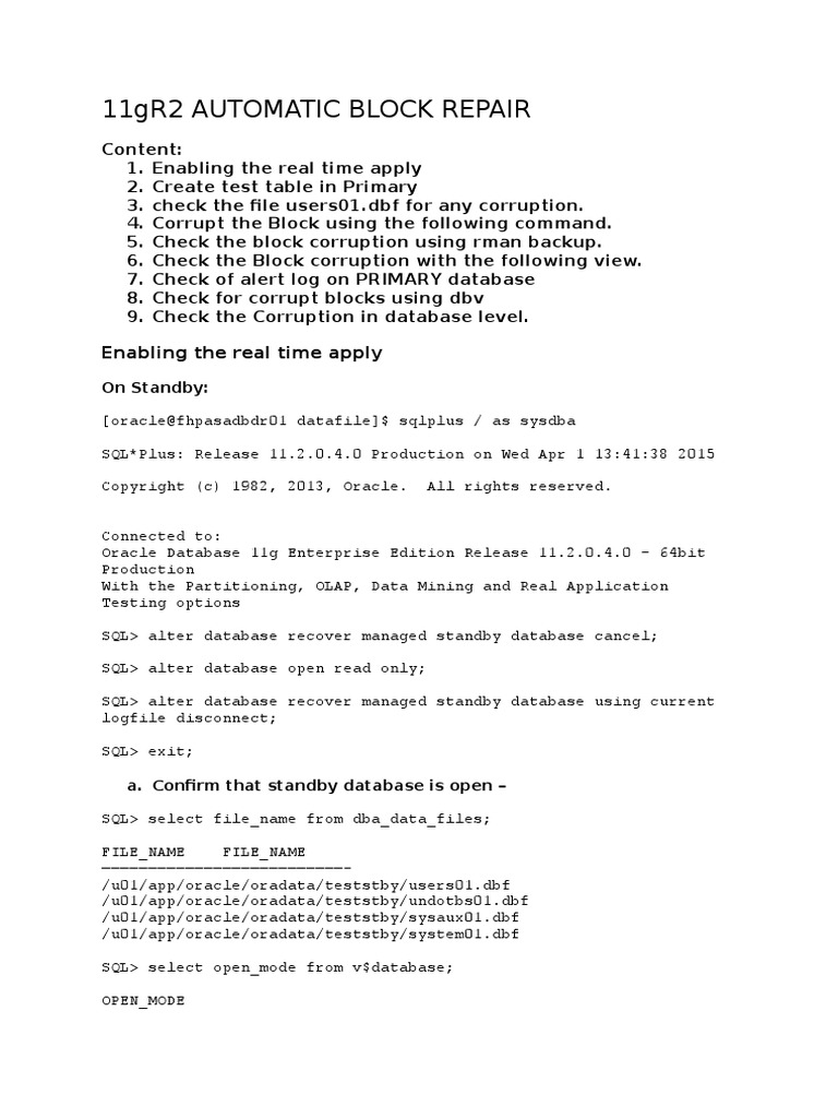 Automatic Block Repair | PDF | Oracle Database | Backup