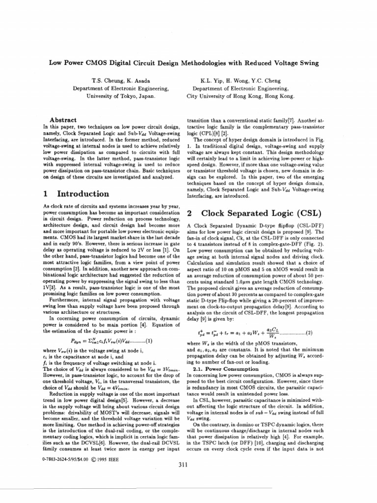 Low Power Cmos Digital Circuit Design Methodologies With Reduced
