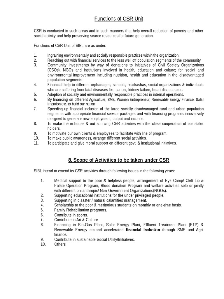 Functions of CSR Unit | PDF | Corporate Social Responsibility | Non ...