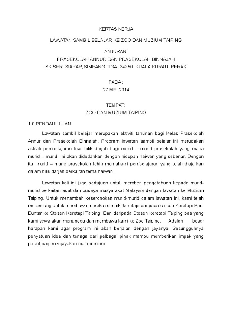 Kertas Kerja Lawatan Ke Zoo Taiping | PDF