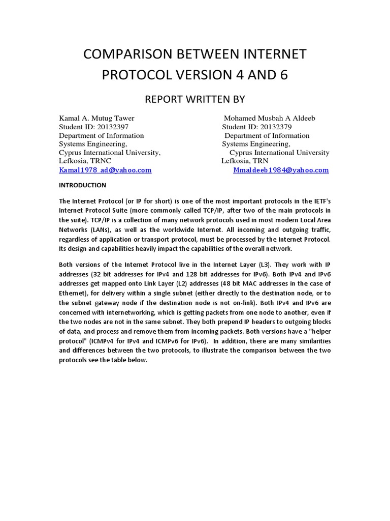 Comparison Between Internet Protocol Version 4 and 6 | PDF | I Pv6 ...