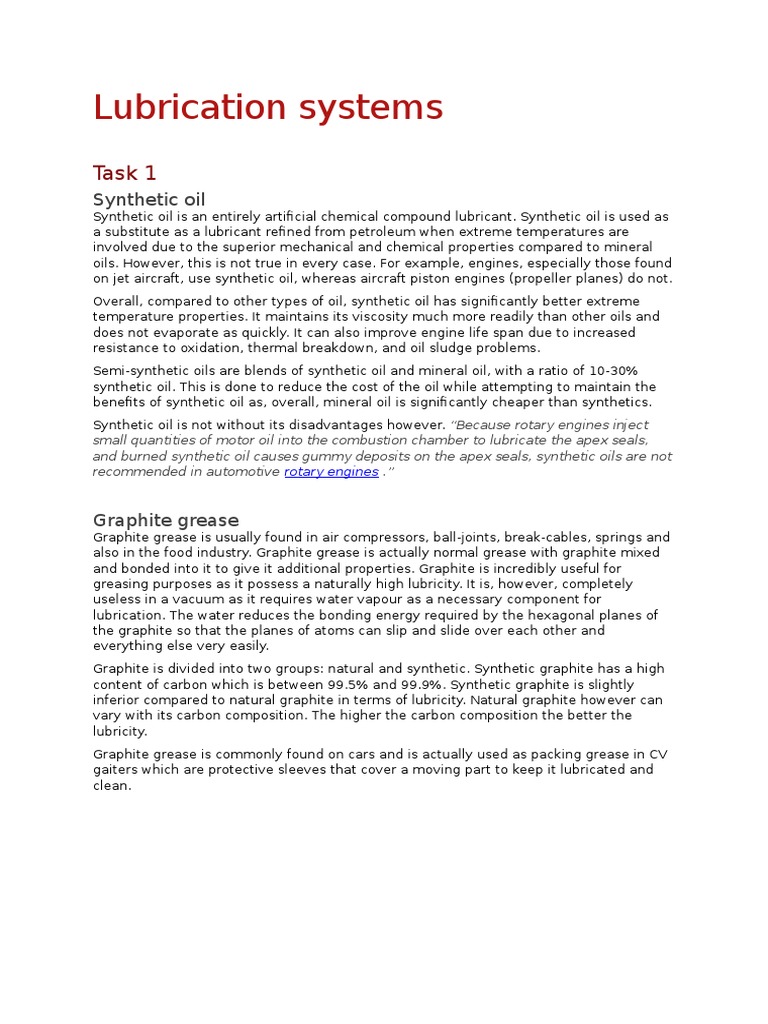 Lubrication Systems: Task 1 | PDF | Motor Oil | Internal Combustion Engine