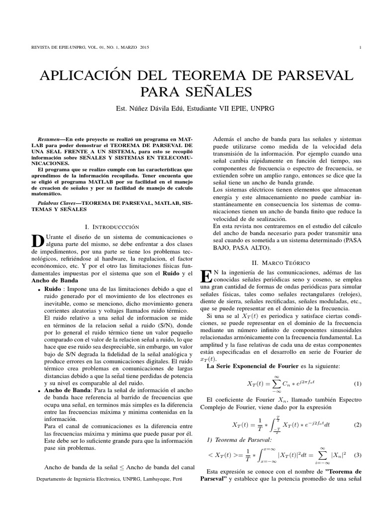 Aplicación del Teorema de Parseval en MATLAB | PDF | Densidad espectral ...