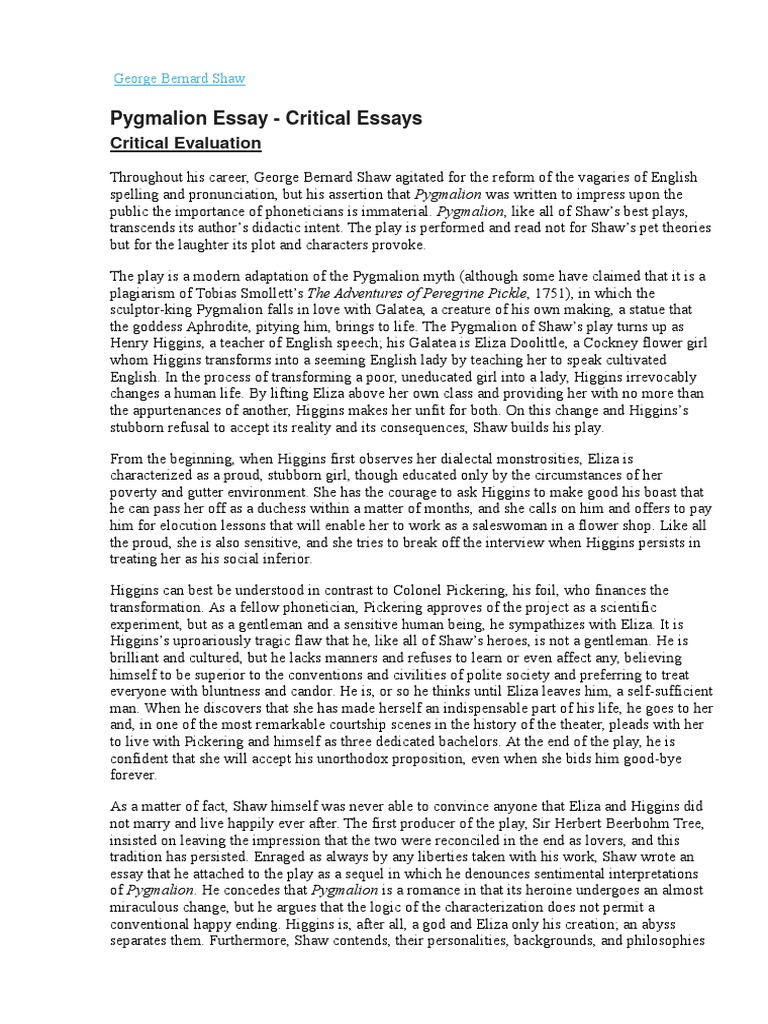 Pygmalion Essay - Critical Essays | PDF | Pygmalion (Play) | Theatre