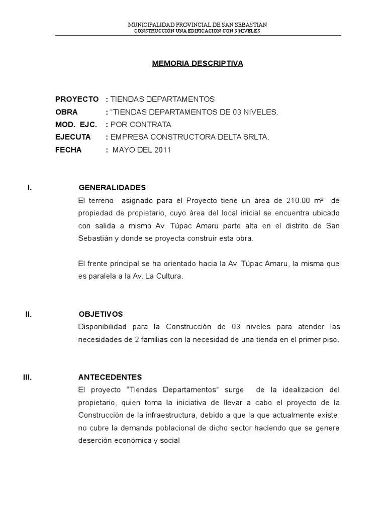 Memoria Descriptiva Tiendas Departamentos | PDF | Presupuesto | Precipitación