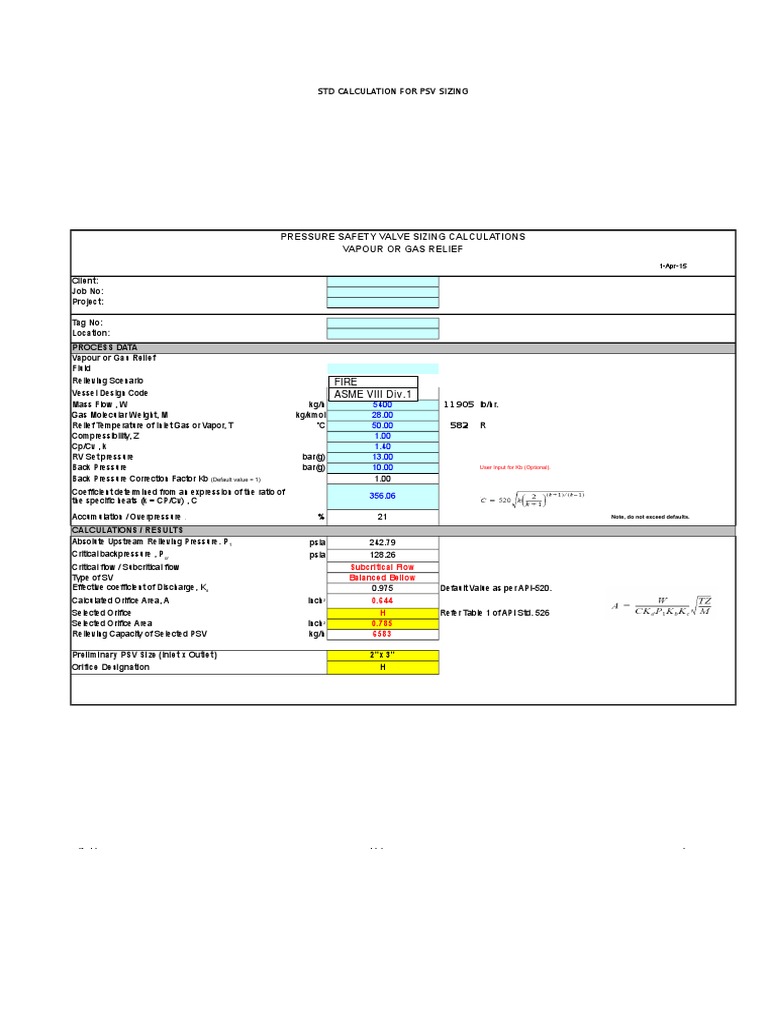 Pressure Safety Valve Sizing Calculation | PDF
