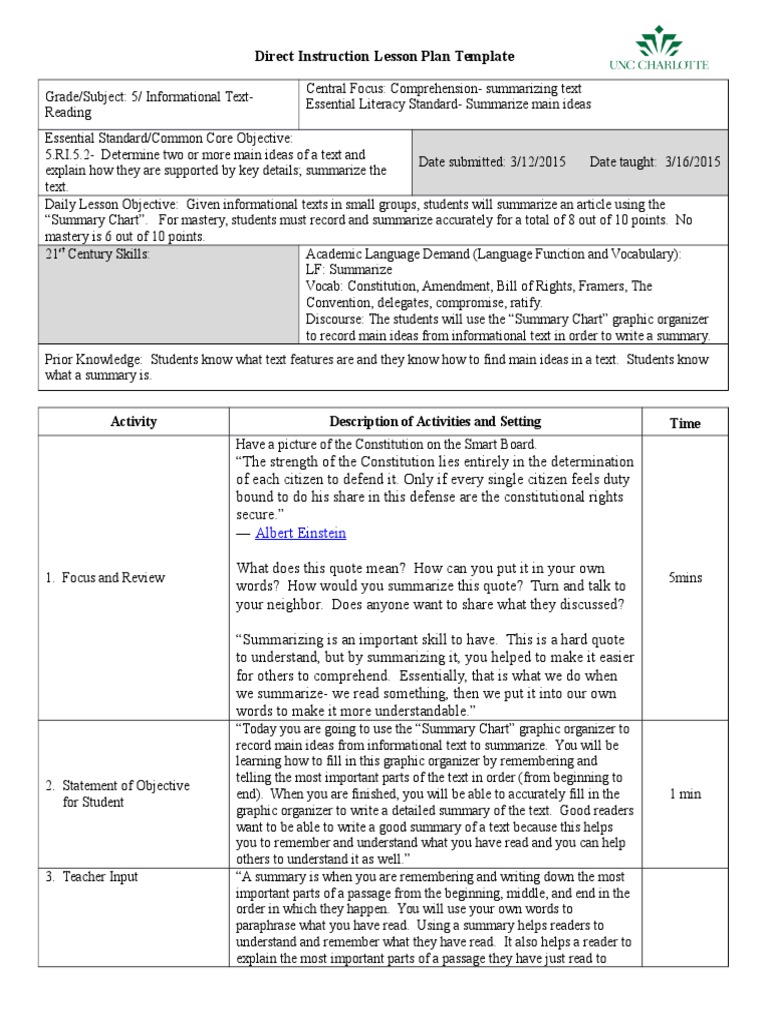 Direct Instruction Lesson Plan Template: Activity Description of ...