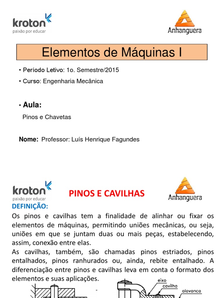 Elementos de MÃ¡quinas I - Aula Pinos e Chavetas - EngÂ MecÃ Nica | PDF ...