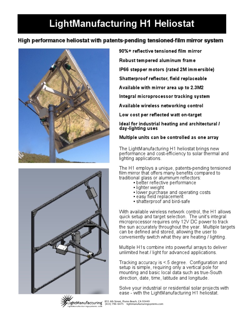 Lightmanufacturing H1 Heliostat: High Performance Heliostat With ...