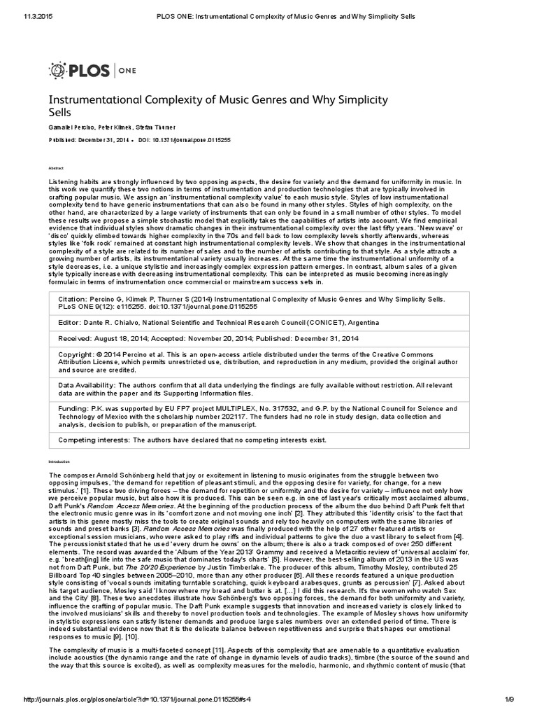 PLOS ONE - Instrumentational Complexity of Music Genres and Why ...