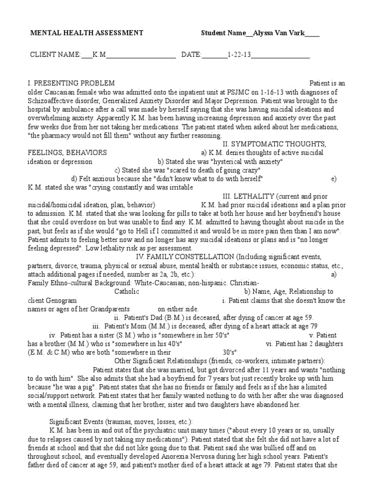 Mental Health Assessment: K.M. | PDF | Psychiatry | Major Depressive ...