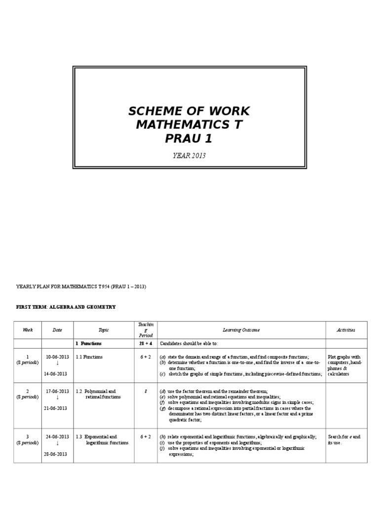 Yearly Plan Mathematics T 2013 | PDF | Trigonometric Functions | Sine