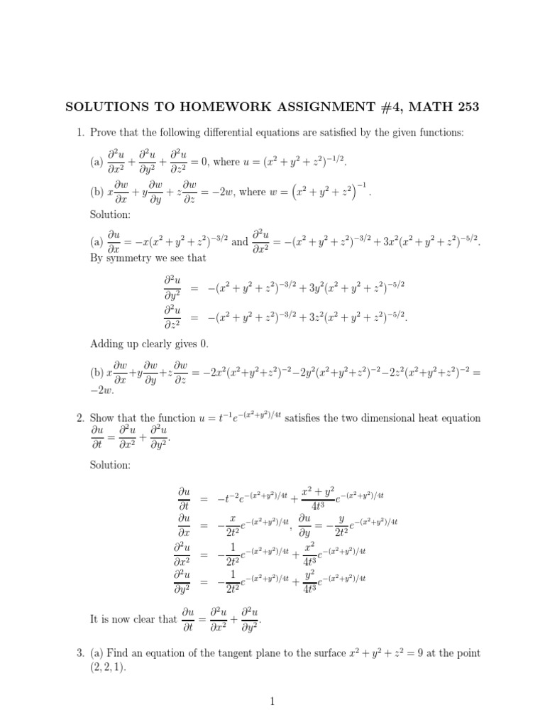 Solutions To Homework Assignment #4, Math 253 | PDF | Plane (Geometry) | Tangent