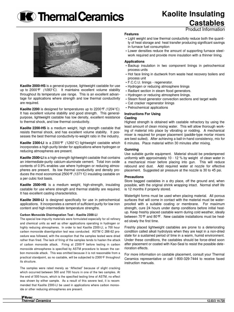 Kaolite Insulating Castables | PDF | Refractory | Manmade Materials