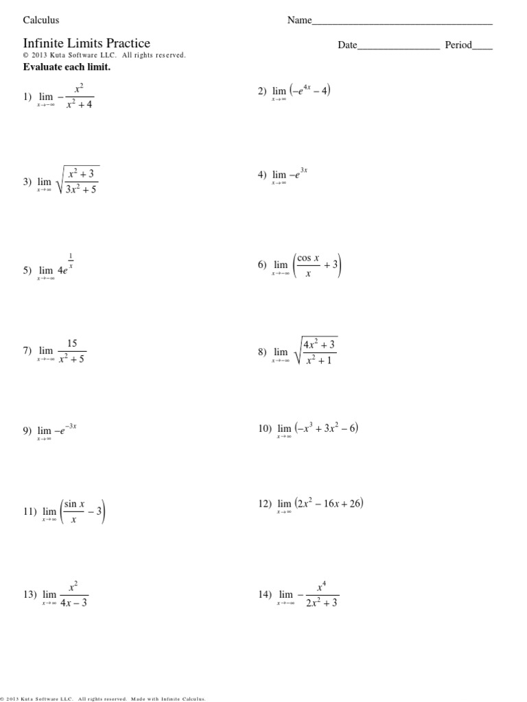 Calculus - Infinite Limits Practice | PDF | Analysis | Philosophical ...