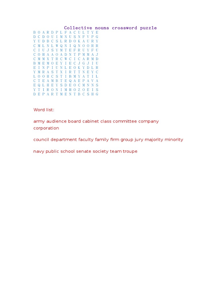 Collective Nouns Crossword Puzzle | PDF | Career & Growth | Sports ...