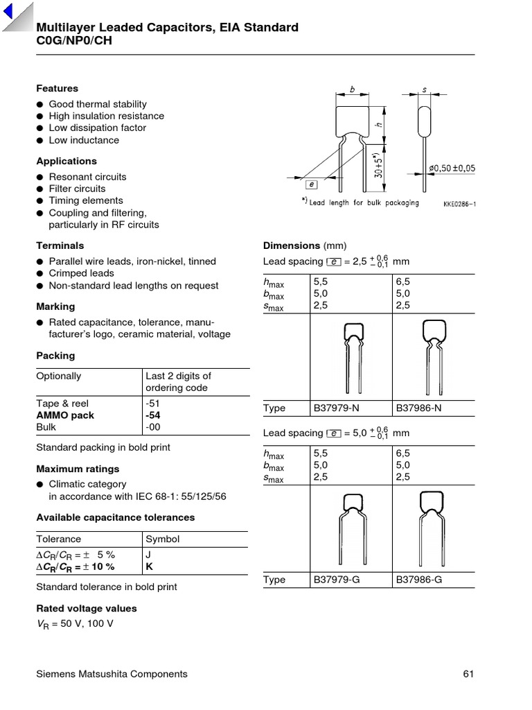Multilayer Leaded Capacitors, EIA Standard C0G/NP0/CH: Features | PDF ...
