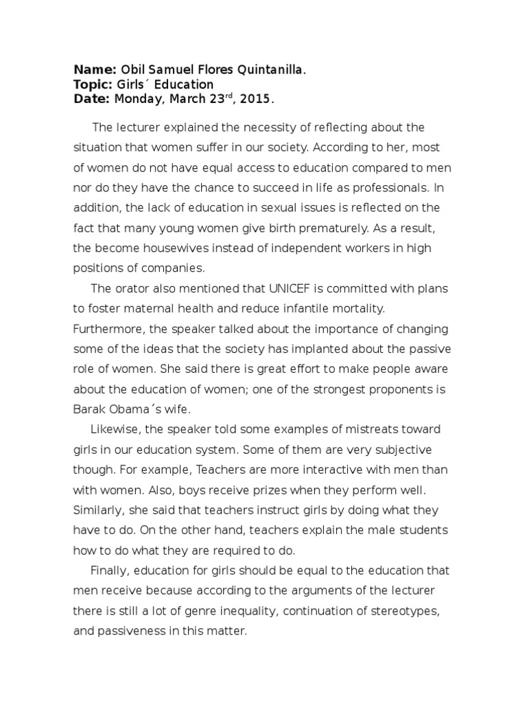 Lecture Report (Girl S Education) | PDF