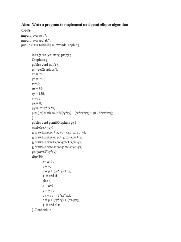 A Program To Implement Mid Point Ellipse Algorithm | PDF | Computers