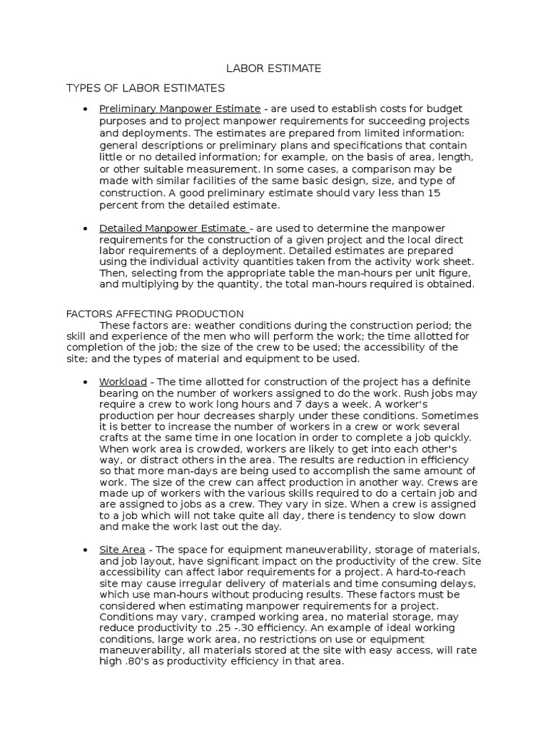 Labor Estimate Types of Labor Estimates | PDF | Man Hour | Labour Economics