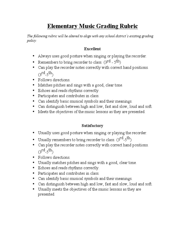 Elementary Music Grading Rubric | PDF | Singing | Sound