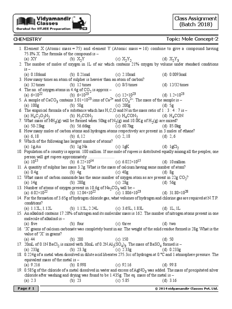 Aim IiT 2017 - Class Assignment Mole Concept-2 | PDF | Mole (Unit) | Carbon
