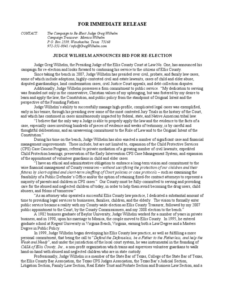 Press Release: Judge Greg Wilhelm's Official Re-Election Campaign ...