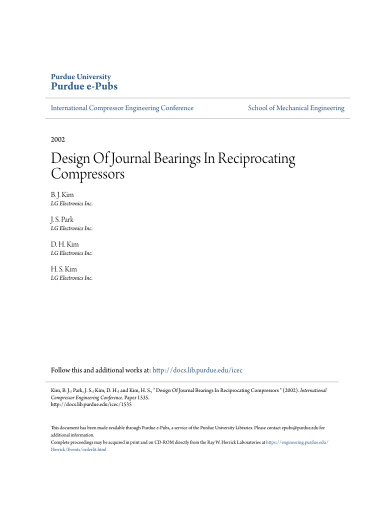 Design of Journal Bearings in Reciprocating Compressors: Purdue E-Pubs ...