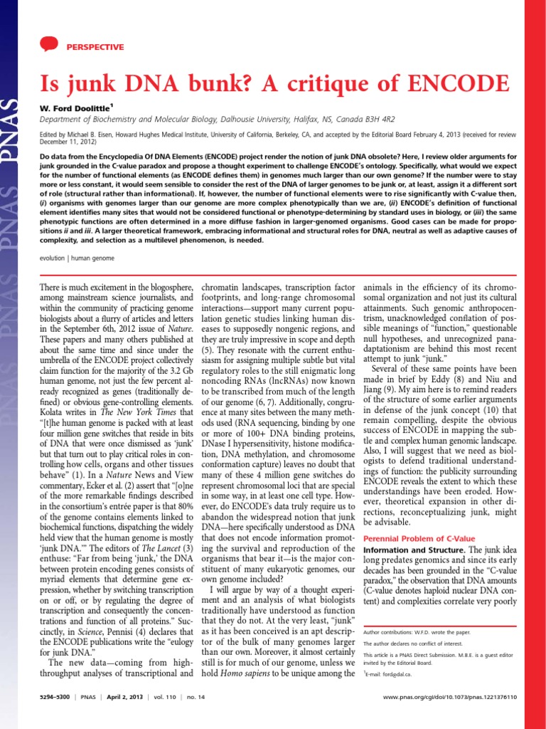 Is Junk DNA Bunk? A Critique of ENCODE: Perspective | PDF | Gene ...