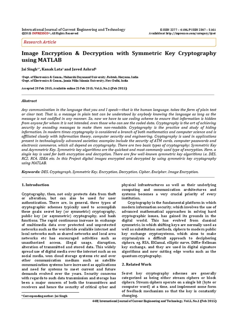 Image Encryption And Decryption Using Symmetric Key In Matlab Pdf Cipher Cryptography