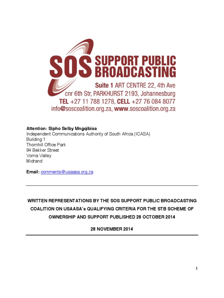 WRITTEN REPRESENTATIONS ON USAASA's QUALIFYING CRITERIA FOR THE STB ...