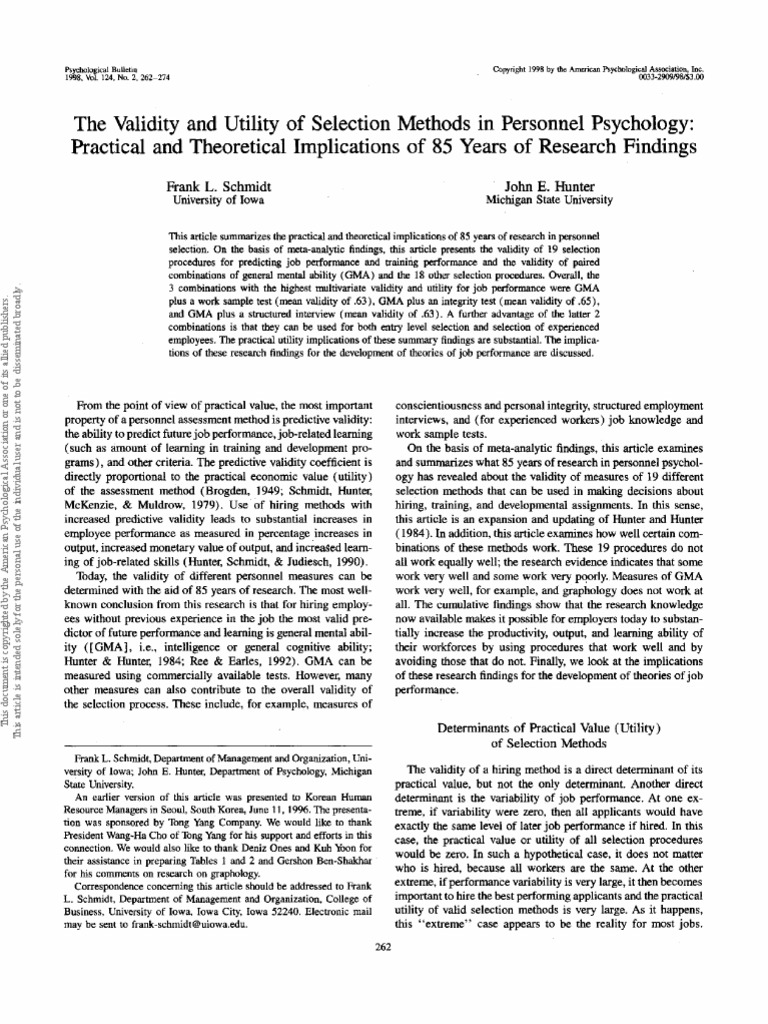 Schmidt Hunter 1998 | PDF | Validity (Statistics) | Meta Analysis