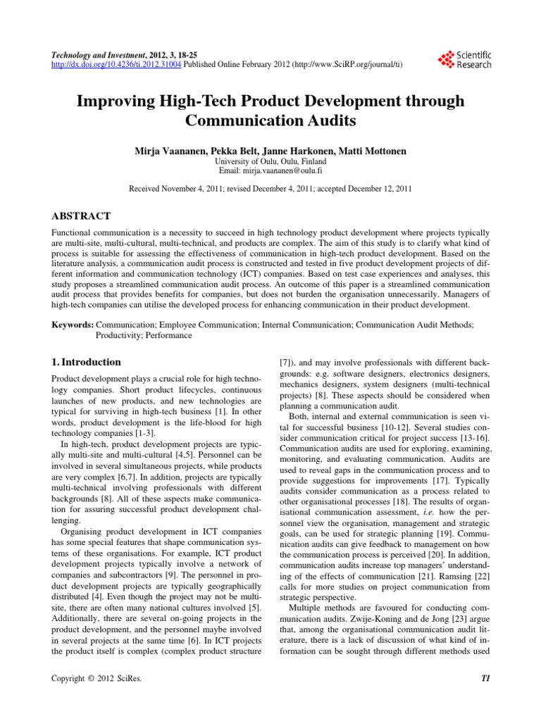 Improving High-Tech Product Development Through Communication Audits ...