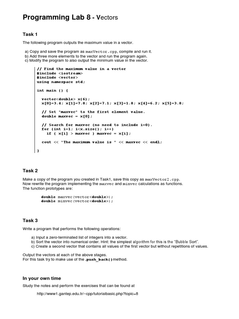 Programming Lab 8: - Vectors | PDF