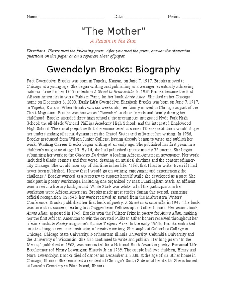 Gwendolyn Brooks' Poem "The Mother" Analysis | PDF | Reproductive ...