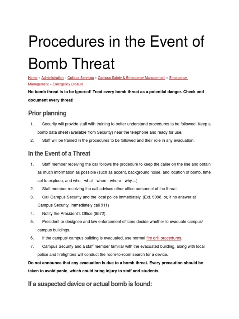 Procedures in The Event of Bomb Threat | PDF | Social Science | Computers