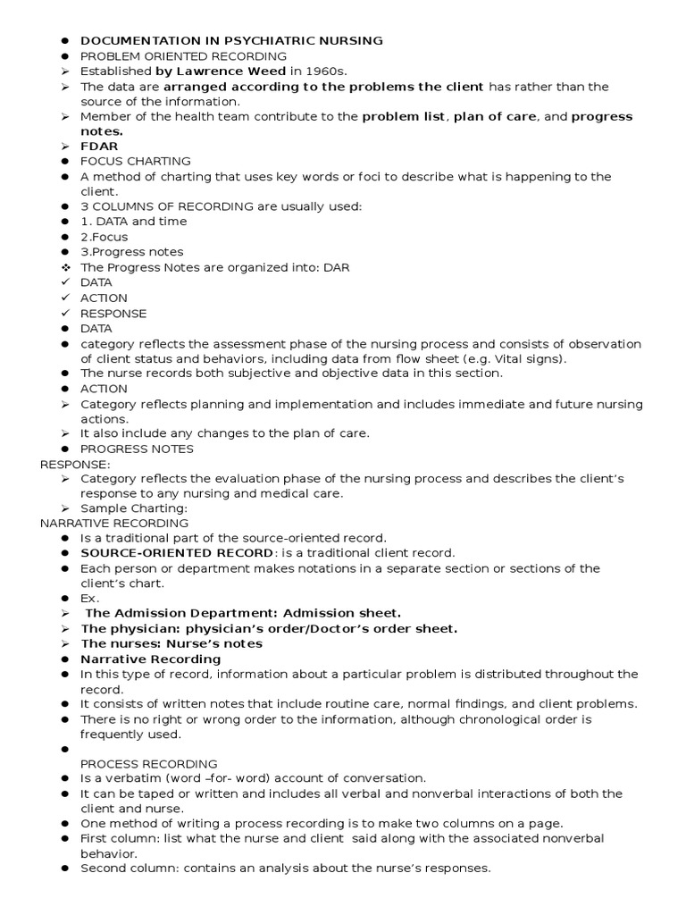 Documentation in Psychiatric Nursing: A Comparison of Problem-Oriented ...