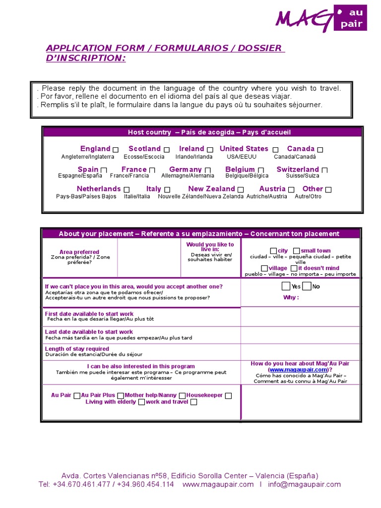 Au Pair Application Form Details | PDF | Child Care | Relationships