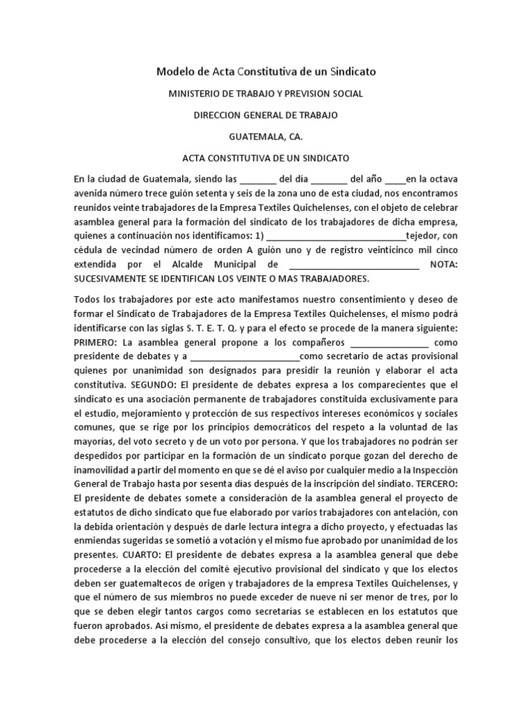 Acta De Asamblea Constitutiva De Sindicato Derecho Laboral Sindicato