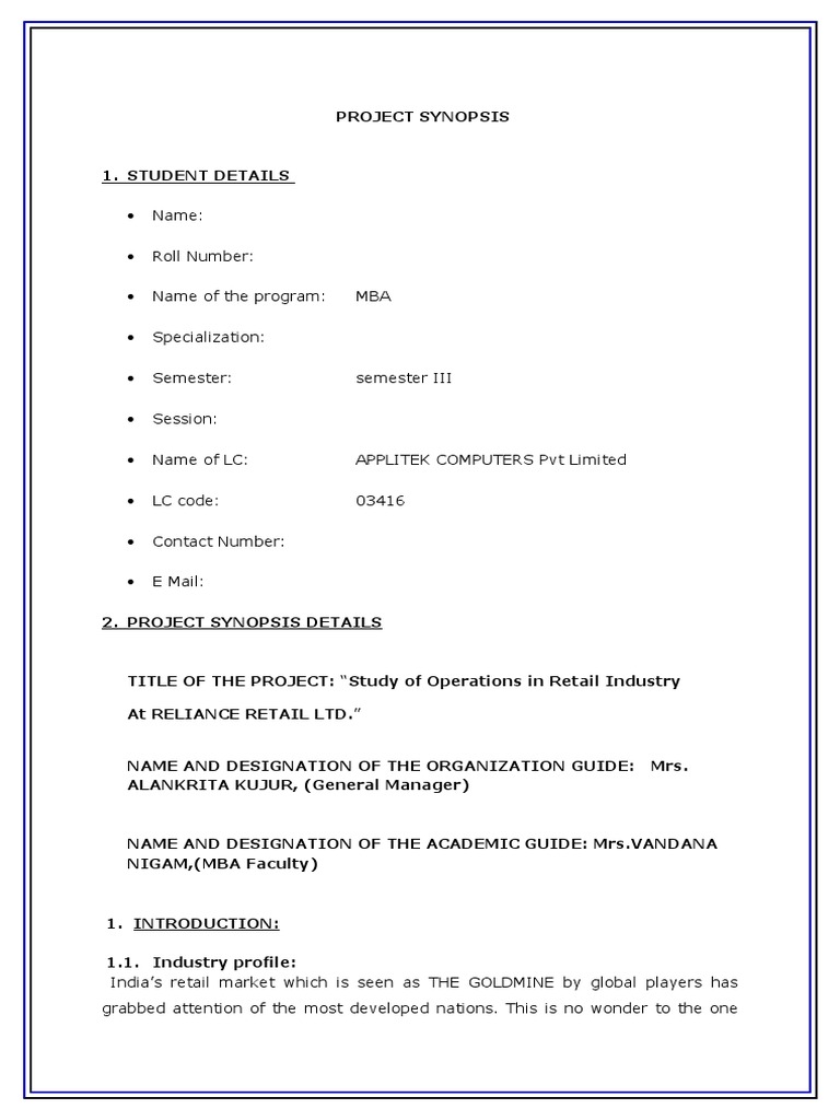 Project Synopsis (Mba- Operation) | Data Analysis | Retail