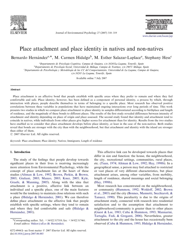 Place Attachment and Place Identity in Natives and Non-Natives | PDF ...