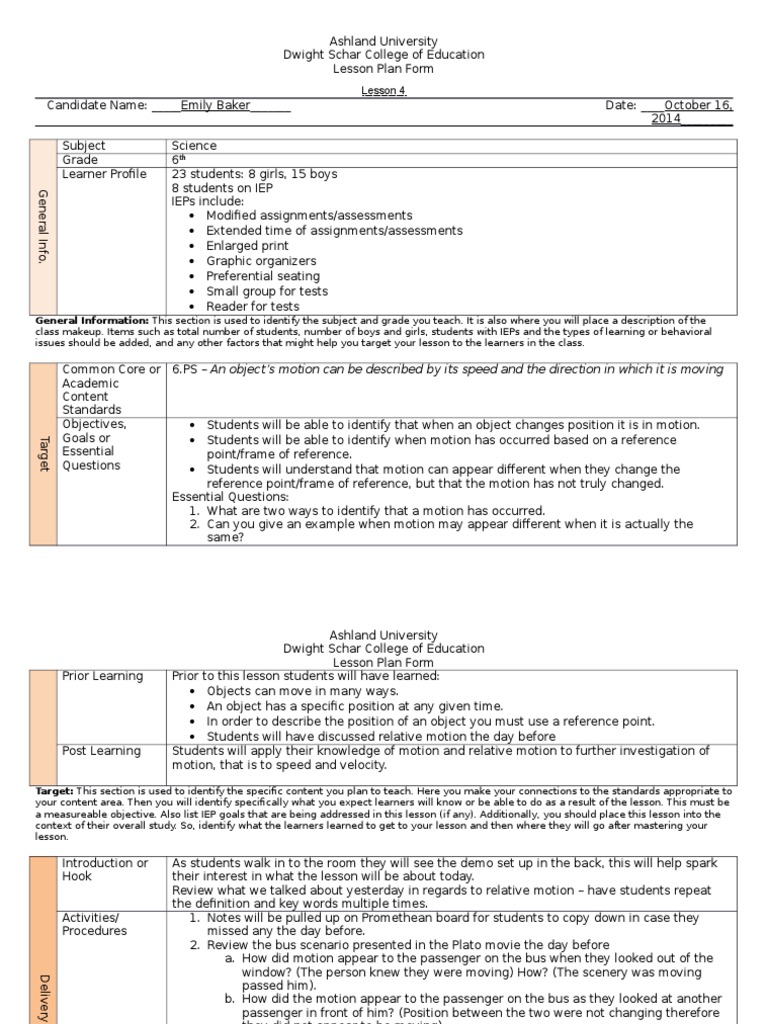Relative Motion Lesson Plan for 6th Grade | PDF | Educational ...