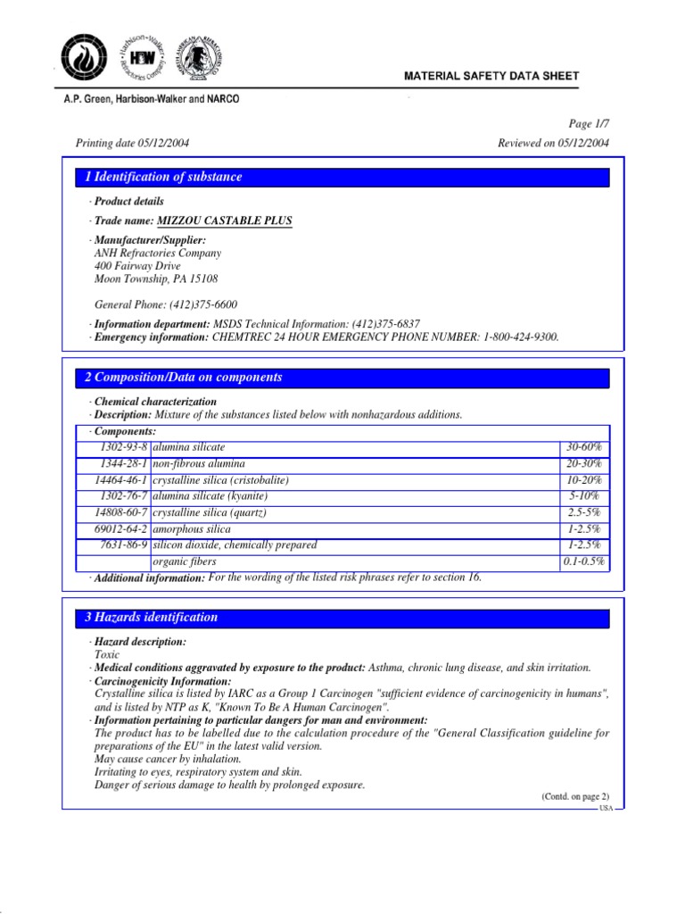 Mizzou Castable Plus Msds | Silicon Dioxide | Toxicity