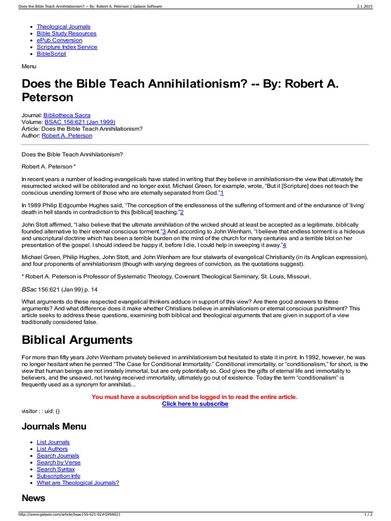 Does The Bible Teach Annihilationism - by Robert A. Peter | PDF ...