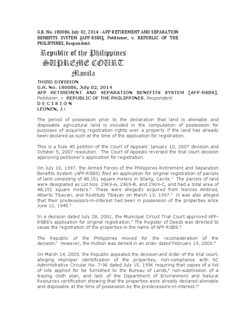 AFP RSBS Vs Republic | PDF | Adverse Possession | Property