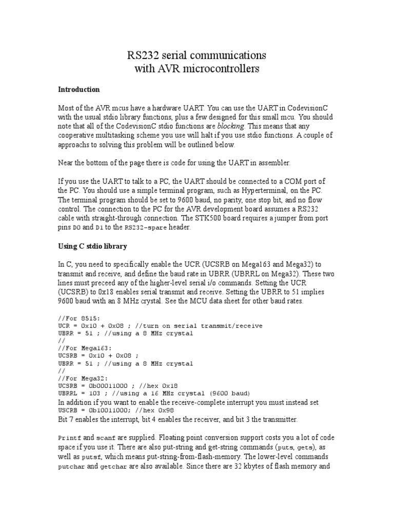 RS232 Serial Communications With AVR Microcontrollers | PDF | Microcontroller | String (Computer ...