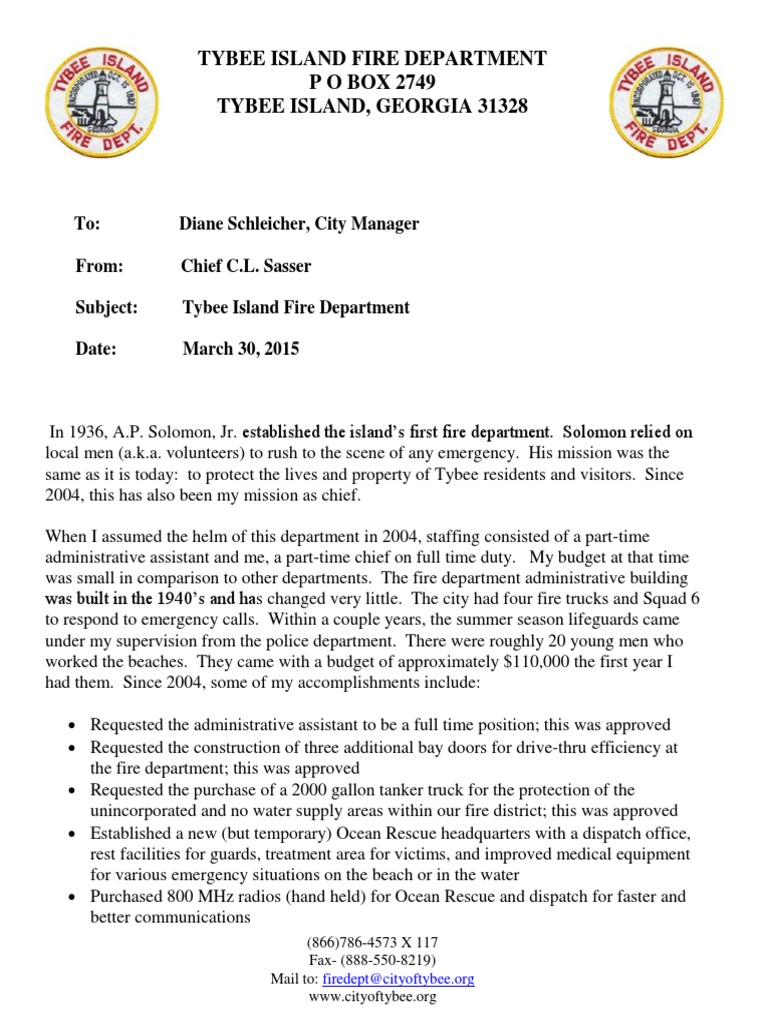 Tybee Island Fire Chief Skip Sasser Retirement Letter | Fire Department ...